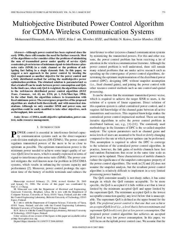 Pdf Multiobjective Distributed Power Control Algorithm For Cdma