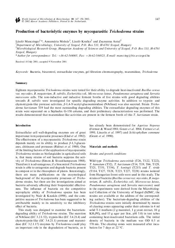 (PDF) Production of bacteriolytic enzymes by mycoparasitic Trichoderma strains