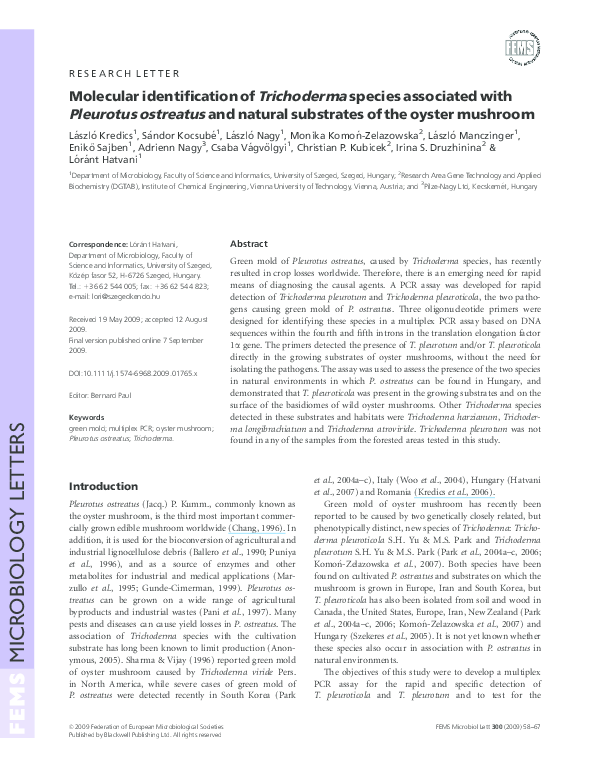 (PDF) Molecular identification of Trichoderma species associated with Pleurotus ostreatus and ...
