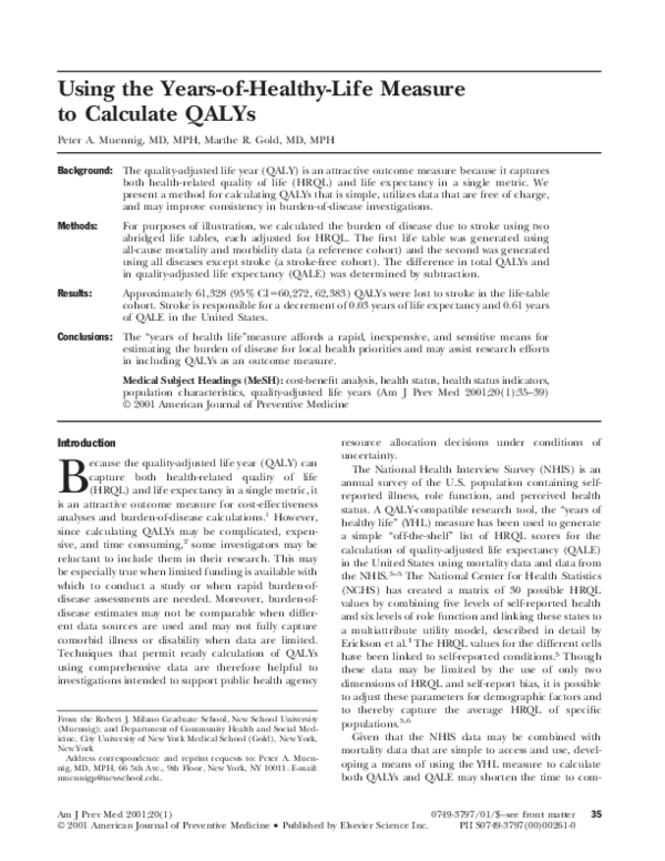 (PDF) Using the Years-of-Healthy-Life Measure to Calculate QALYs