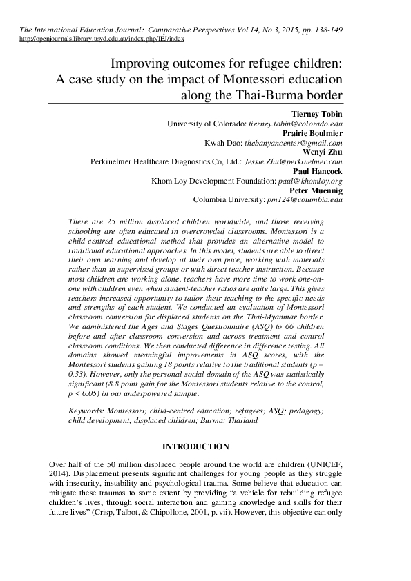 (PDF) Improving outcomes for refugee children: A case study on the ...