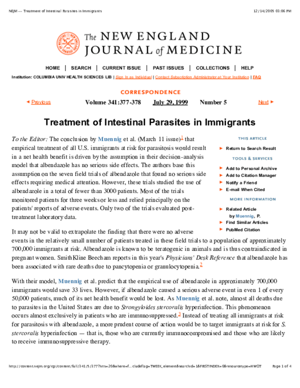 (PDF) Treatment of Intestinal Parasites in Immigrants