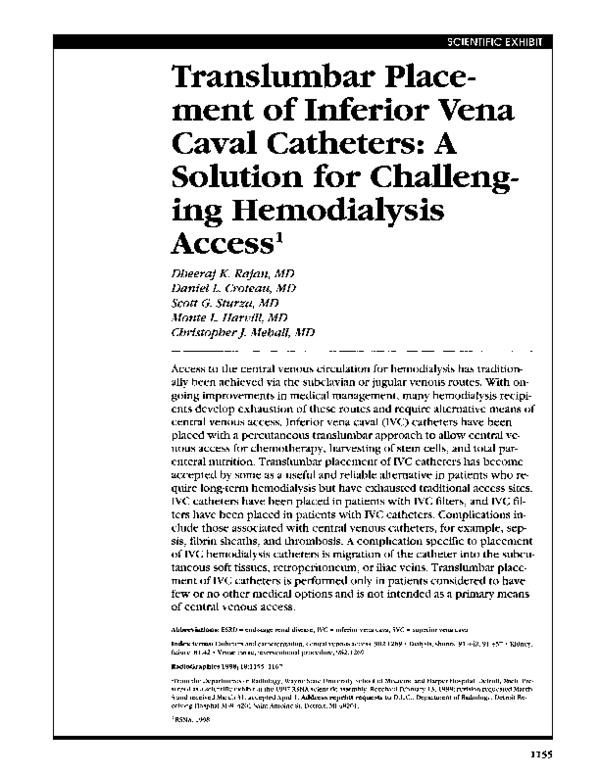 (PDF) Translumbar placement of inferior vena caval catheters: a ...