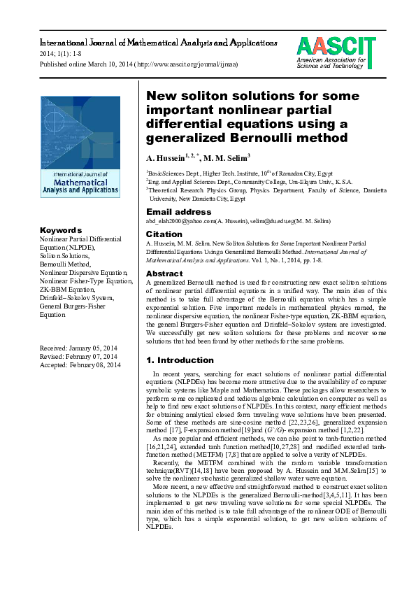 (PDF) New soliton solutions for some important nonlinear partial differential equations using a ...