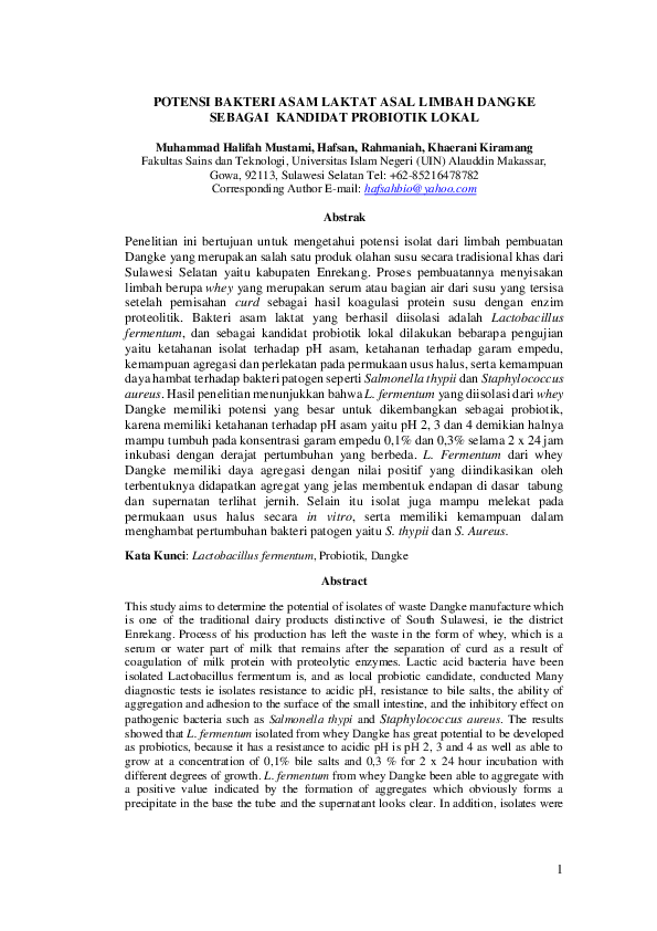 (PDF) POTENSI BAKTERI ASAM LAKTAT ASAL LIMBAH DANGKE SEBAGAI KANDIDAT PROBIOTIK LOKAL
