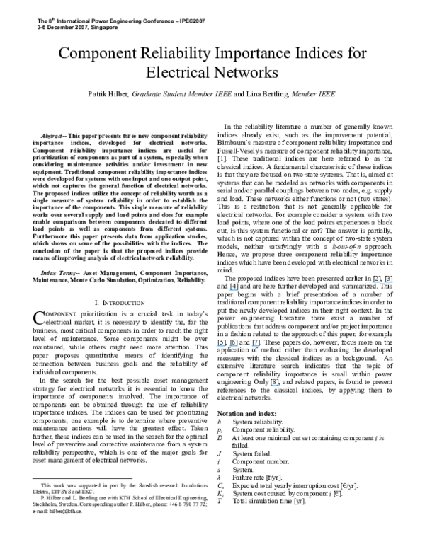 (PDF) Component reliability importance indices for maintenance optimization of electrical networks
