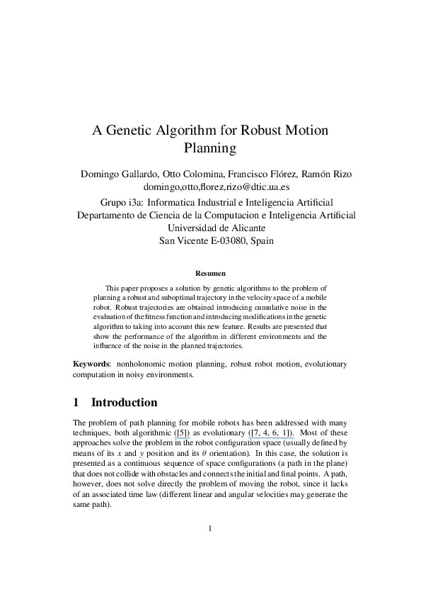 Pdf A Genetic Algorithm For Robust Motion Planning