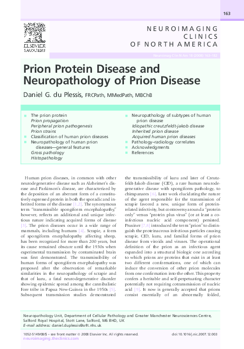 (PDF) Prion Protein Disease and Neuropathology of Prion Disease