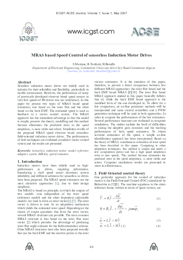 Pdf Mras Based Speed Control Of Sensorless Induction Motor Drives