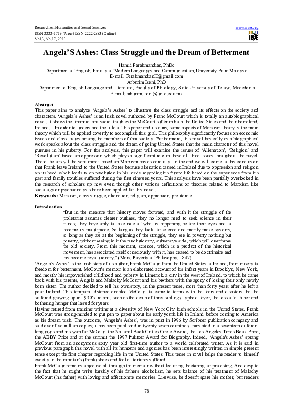(PDF) Angela’S Ashes: Class Struggle and the Dream of Betterment