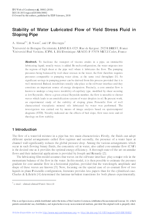 (PDF) Stability of Water Lubricated Flow of Yield Stress Fluid in Sloping Pipe