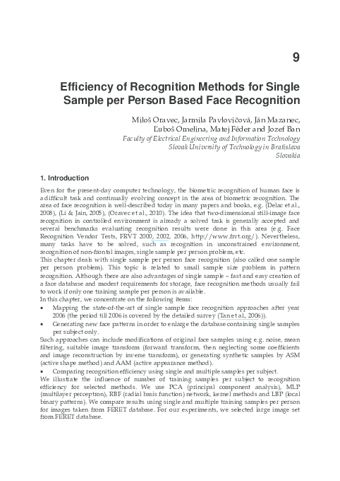 (PDF) Efficiency of Recognition Methods for Single Sample per Person Based Face Recognition