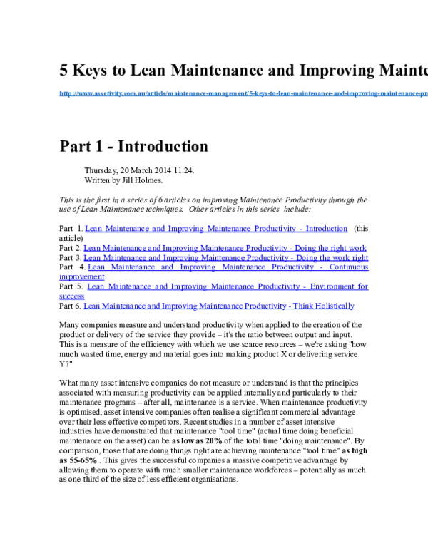 (DOC) Keys to Lean Maintenance and Improving Maintenance Productivity