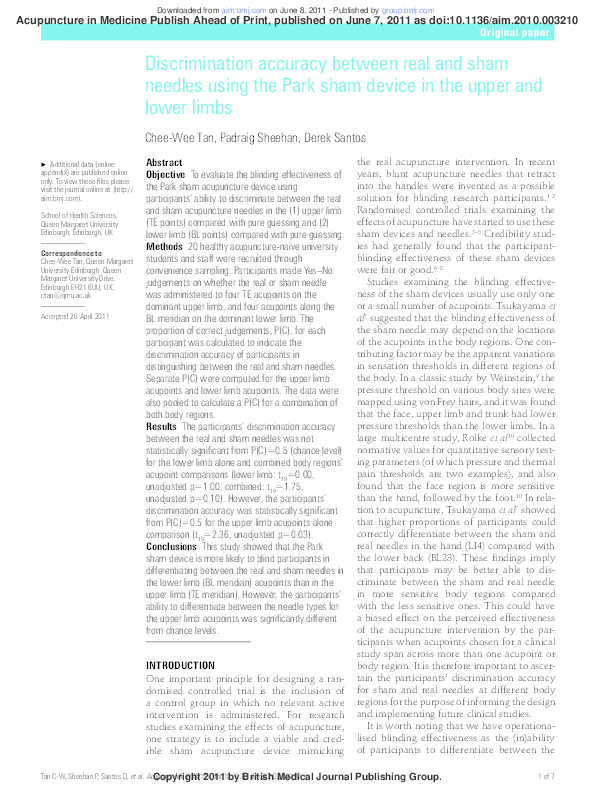 (PDF) Discrimination accuracy between real and sham needles using the ...