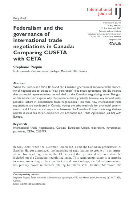 (PDF) Federalism and the governance of international trade negotiations ...