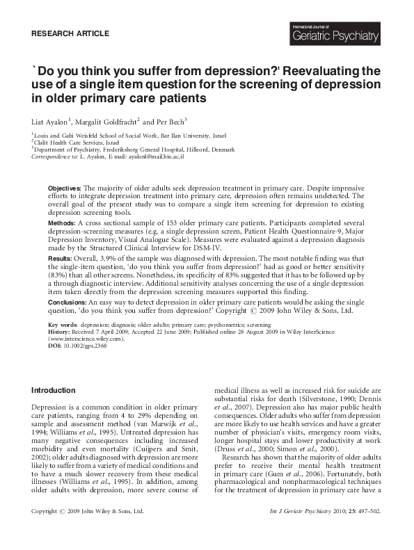 (PDF) ‘Do you think you suffer from depression?’ Reevaluating the use ...