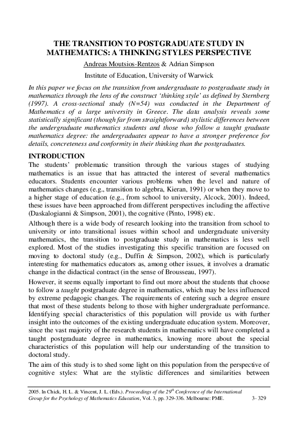 (PDF) THE TRANSITION TO POSTGRADUATE STUDY IN MATHEMATICS: A THINKING ...