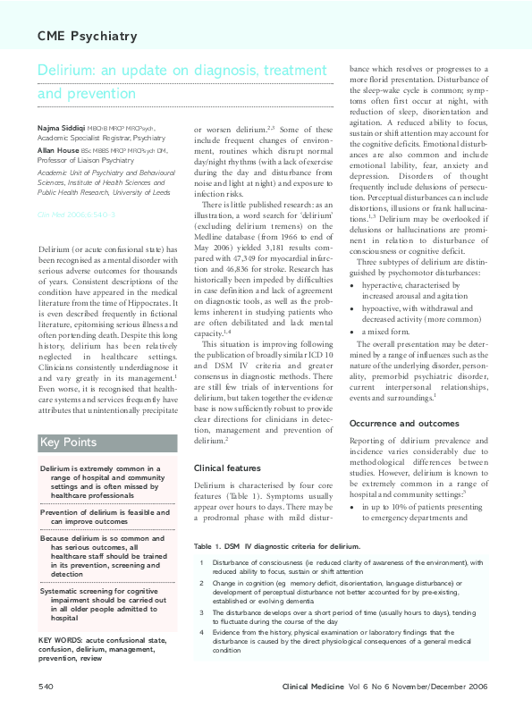 (PDF) Delirium: an update on diagnosis, treatment and prevention