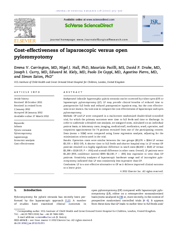 (PDF) Cost-effectiveness of laparoscopic versus open pyloromyotomy