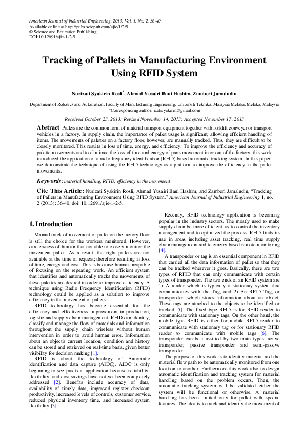(PDF) Tracking of Pallets in Manufacturing Environment Using RFID System