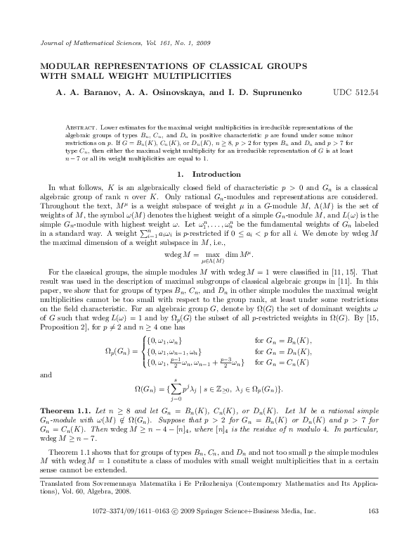 (PDF) Modular representations of classical groups with small weight ...