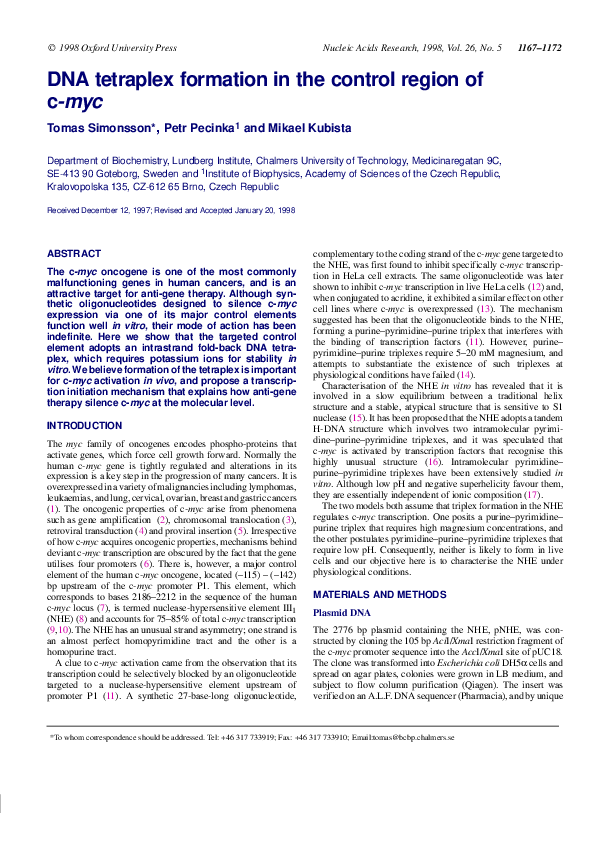 (PDF) DNA tetraplex formation in the control region of c-myc