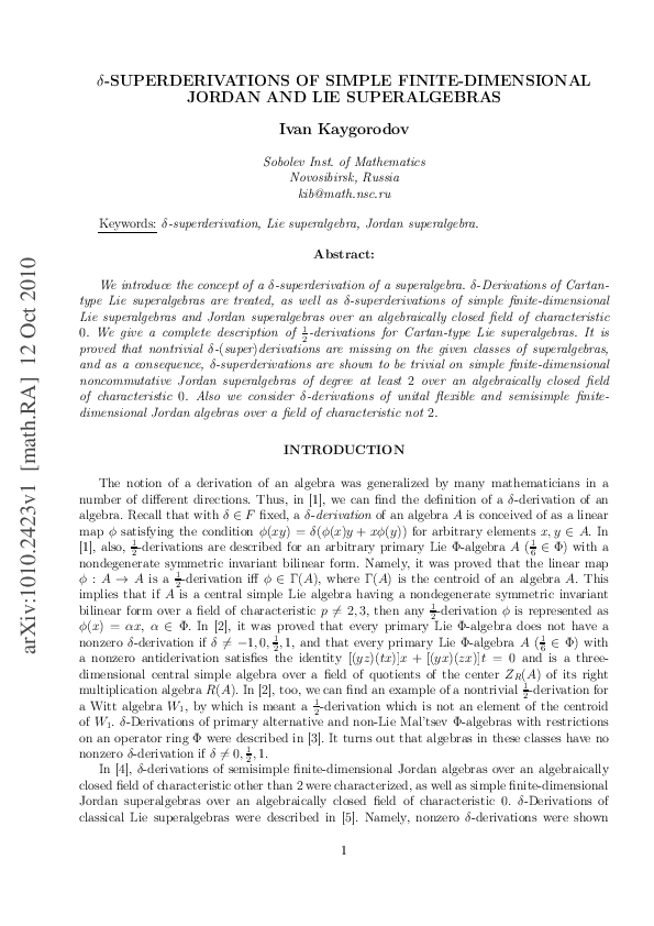 (PDF) $\delta$-superderivations of simple finite-dimensional Jordan and ...