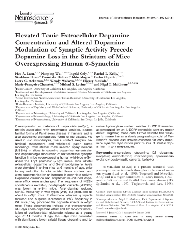 (PDF) Elevated tonic extracellular dopamine concentration and altered ...