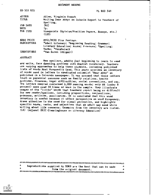 (PDF) Writing Dear Abby: An Interim Report to Teachers of Spelling