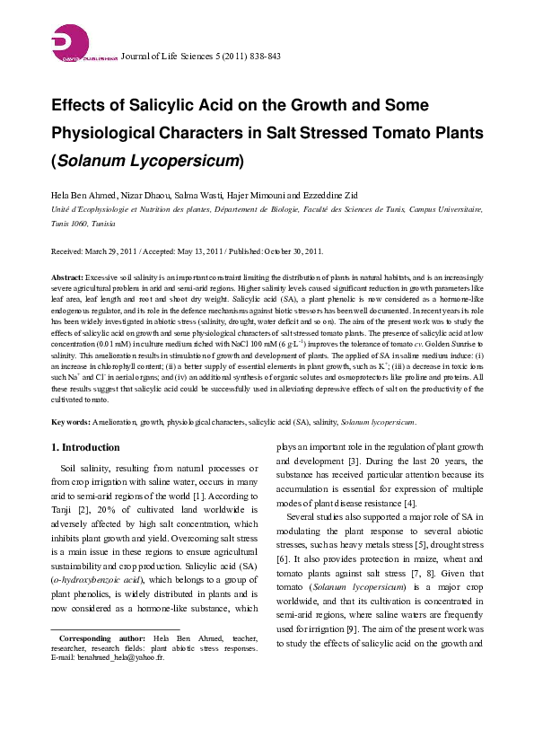 (PDF) The salicylic acid effect on the tomato (Lycopersicum esculentum Mill.) sugar, protein and ...