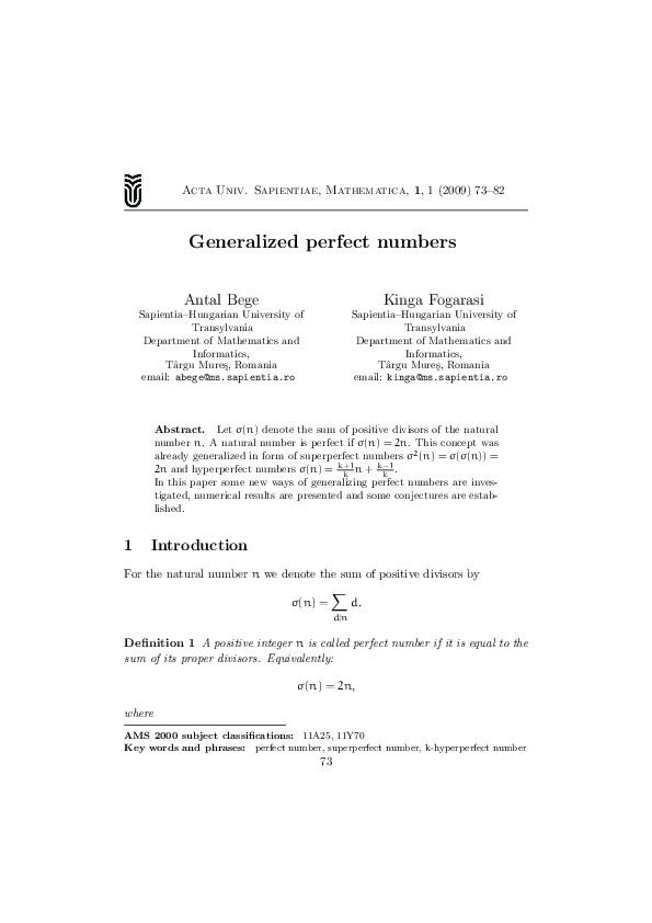 (PDF) Generalized perfect numbers