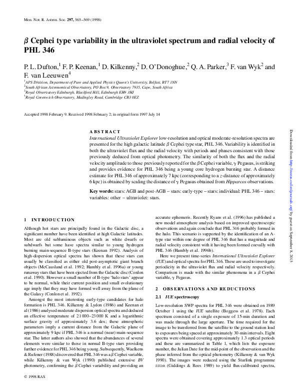 (PDF) beta Cephei type variability in the ultraviolet spectrum and ...