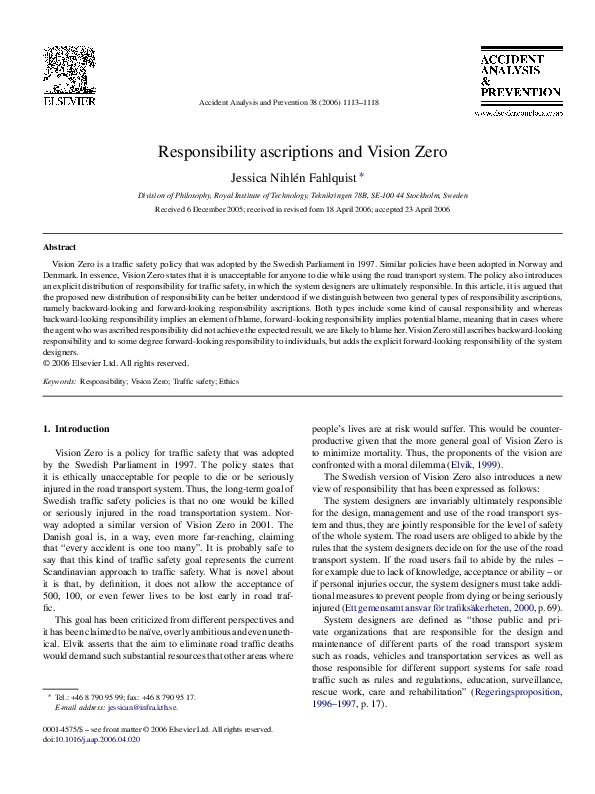 (PDF) Responsibility ascriptions and Vision Zero