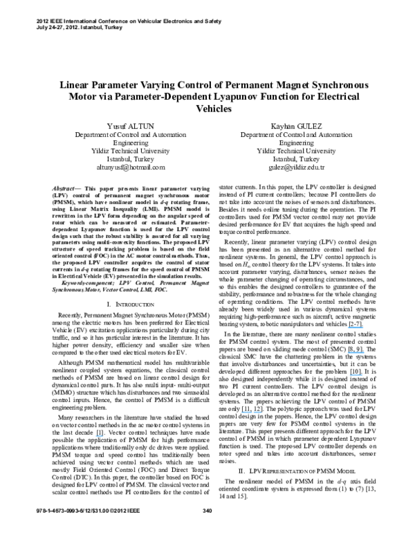 Pdf Linear Parameter Varying Control Of Permanent Magnet Synchronous Motor Via Parameter