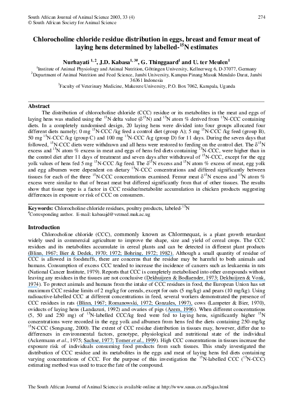 (PDF) Chlorocholine chloride residue distribution in eggs, breast and ...