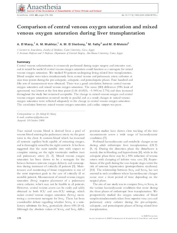 (PDF) Comparison of central venous oxygen saturation and mixed venous ...