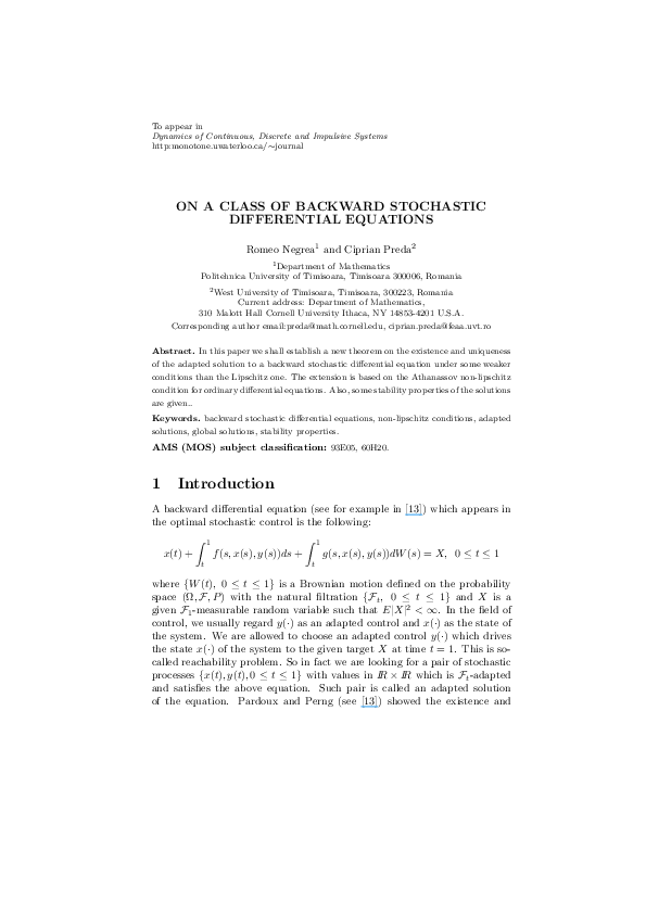 Pdf On A Class Of Backward Stochastic Differential Equations And