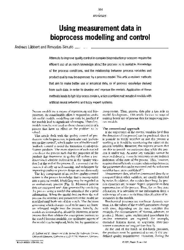 (PDF) Using measurement data in bioprocess modelling and control