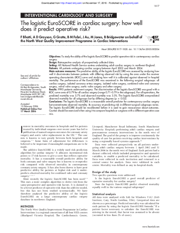 (PDF) The logistic EuroSCORE in cardiac surgery: how well does it ...