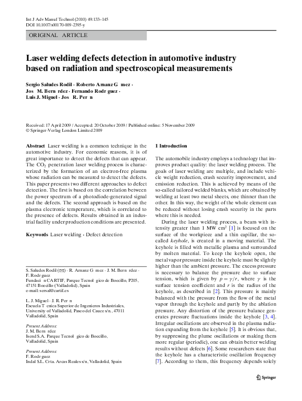 (PDF) Laser welding defects detection in automotive industry based on ...