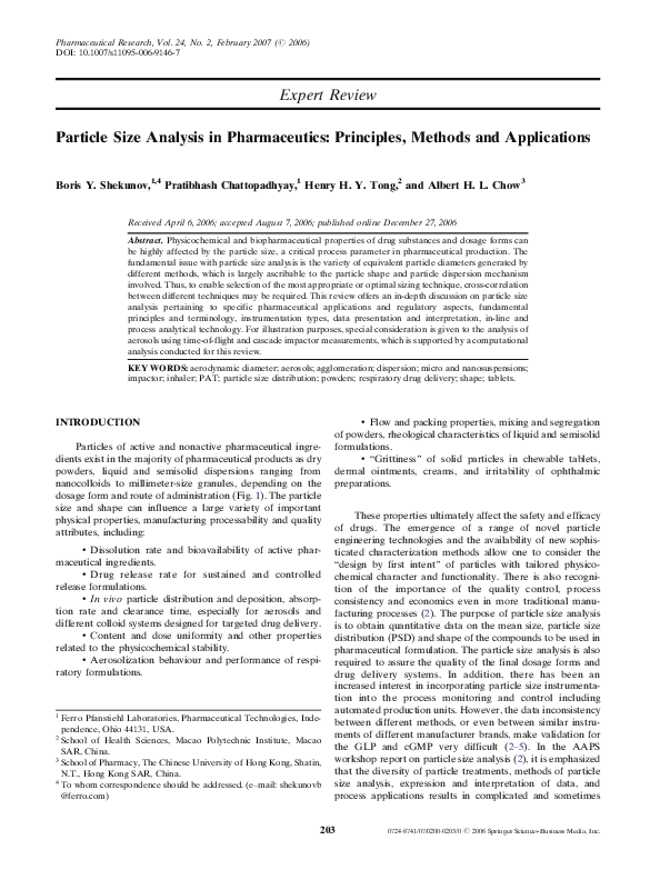 (PDF) Particle Size Analysis in Pharmaceutics: Principles, Methods and Applications