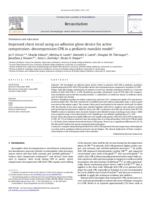 (PDF) Improved chest recoil using an adhesive glove device for active ...