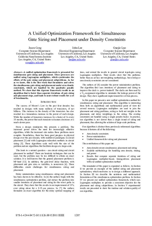 Pdf A Unified Optimization Framework For Simultaneous Gate Sizing And Placement Under Density