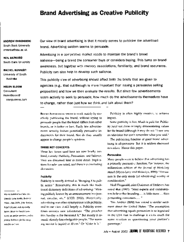 (PDF) Brand Advertising As Creative Publicity