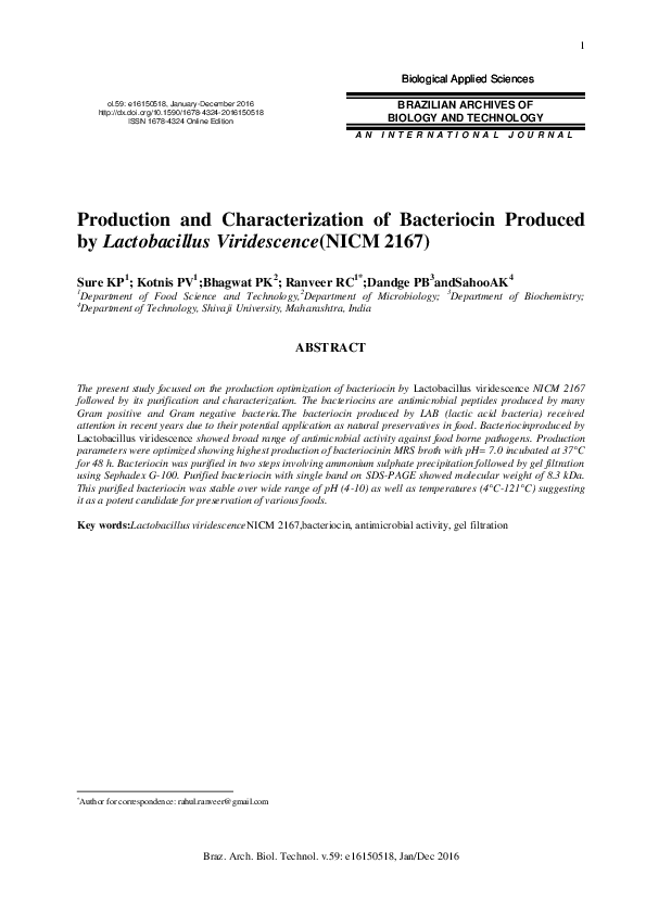(PDF) Production and Characterization of Bacteriocin Produced by Lactobacillus Viridescence(NICM ...