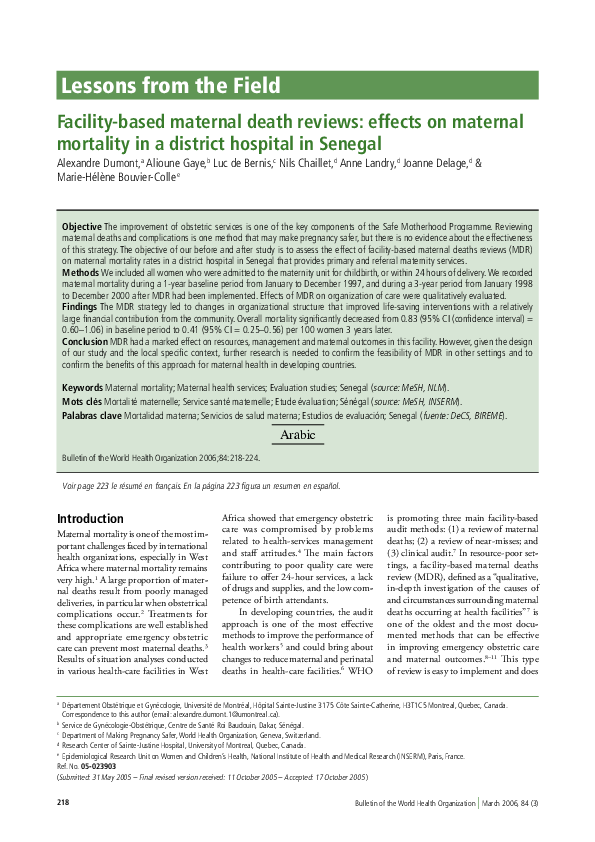(PDF) Facility-based maternal death reviews: effects on maternal ...