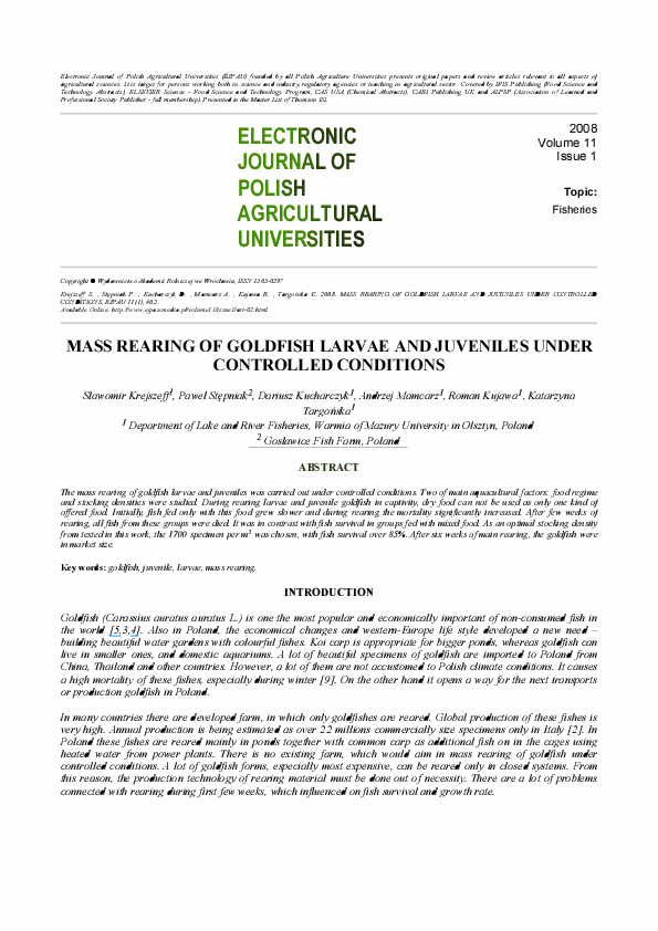 (PDF) Mass rearing of goldfish larvae and juveniles under controlled ...