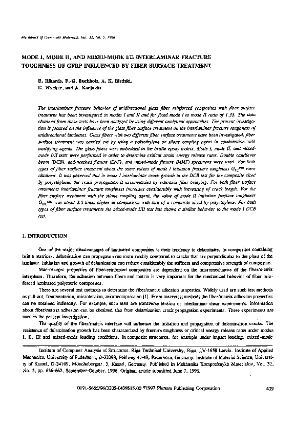Pdf Mode I Mode Ii And Mixed Mode I Ii Interlaminar Fracture Toughness Of Gfrp Influenced By