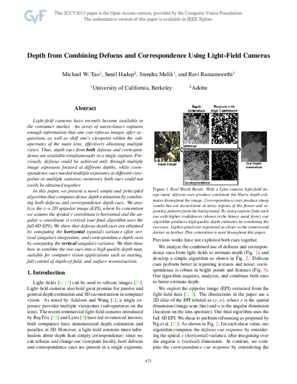 Pdf Depth From Combining Defocus And Correspondence Using Light Field