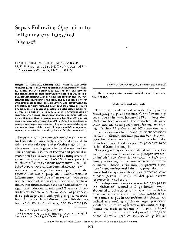 (PDF) Sepsis following operation for inflammatory intestinal disease